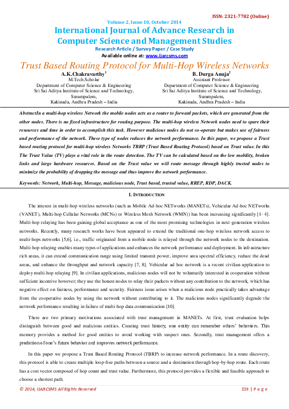 Pdf Trust Based Routing Protocol For Multi Hop Wireless Networks
