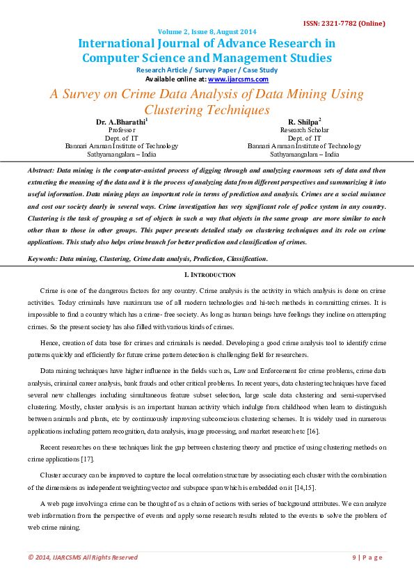 Pdf A Survey On Crime Data Analysis Of Data Mining Using Clustering