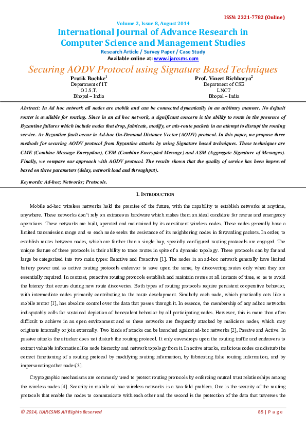 Pdf Securing Aodv Protocol With Signatures
