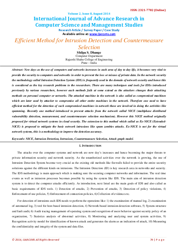 Pdf Efficient Method For Intrusion Detection And Countermeasure Selection