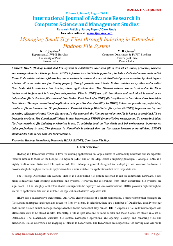 Pdf Managing Small Size Files Through Indexing In Extended Hadoop File System International 2527