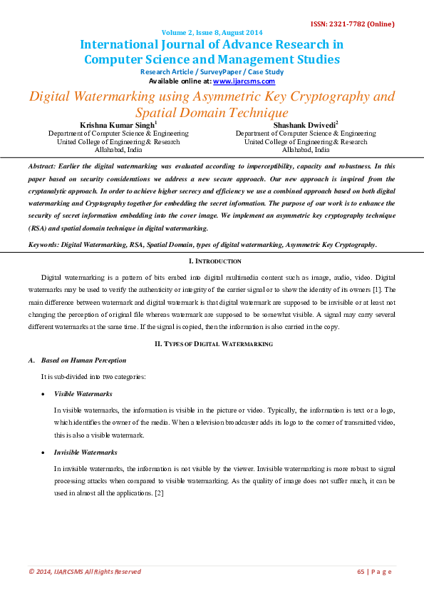 Pdf Digital Watermarking Using Asymmetric Key Cryptography And Spatial Domain Technique