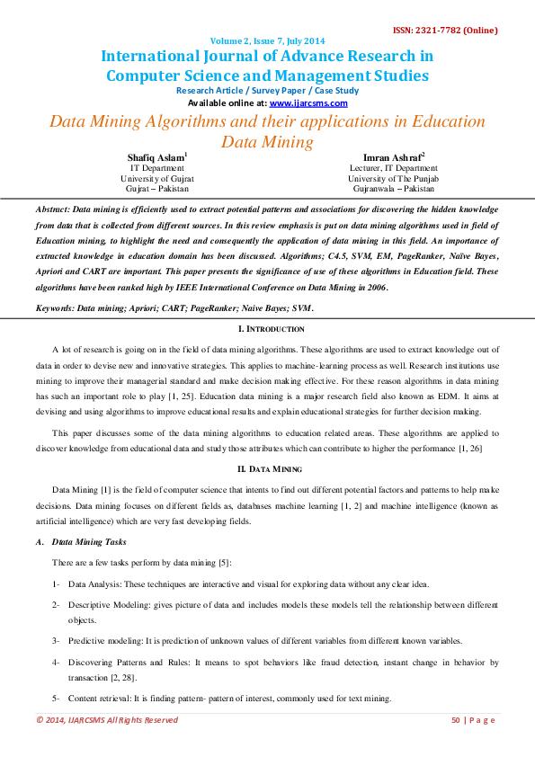 (PDF) Data Mining Algorithms and their applications in Education Data Mining