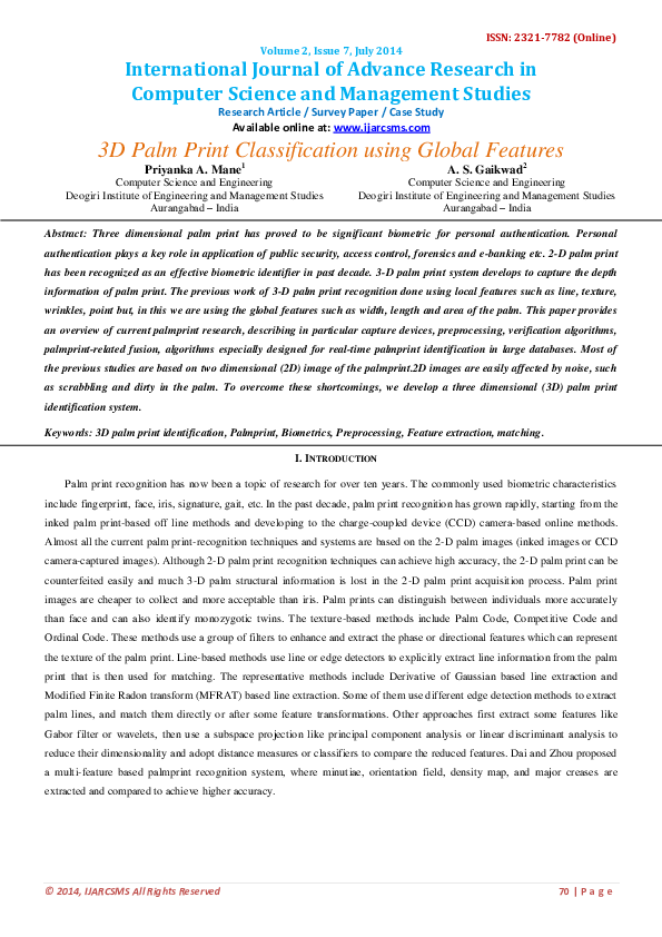 Pdf 3d Palm Print Classification Using Global Features