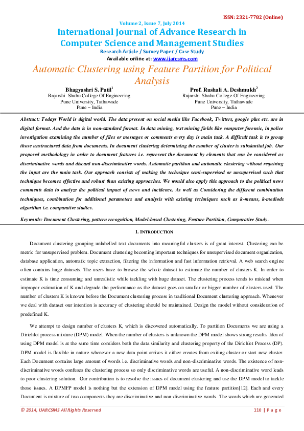 (PDF) Automatic Clustering using Feature Partition for Political Analysis
