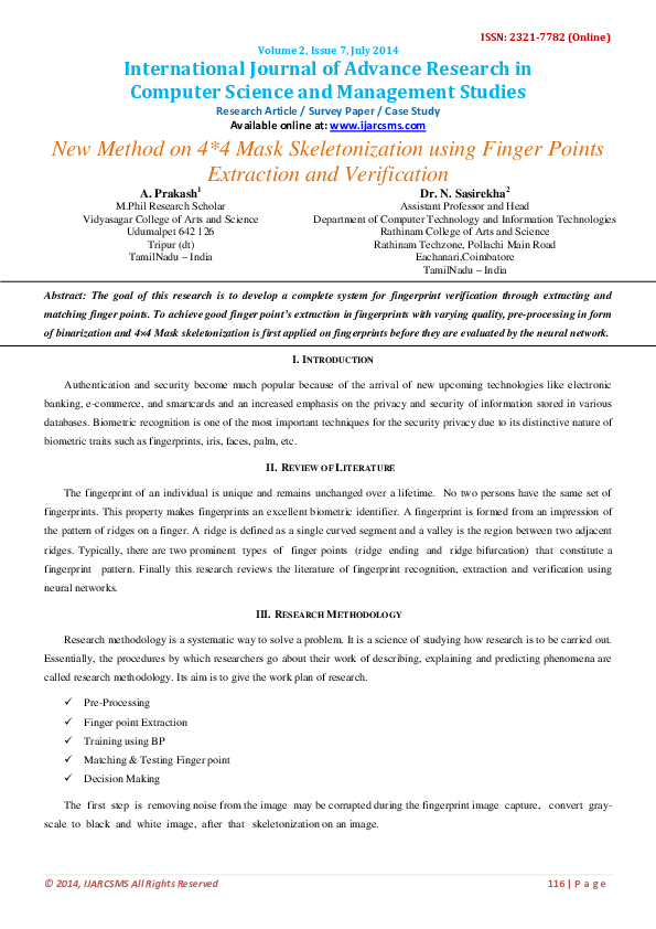 (PDF) New Method on 4*4 Mask Skeletonization using Finger Points Extraction and Verification