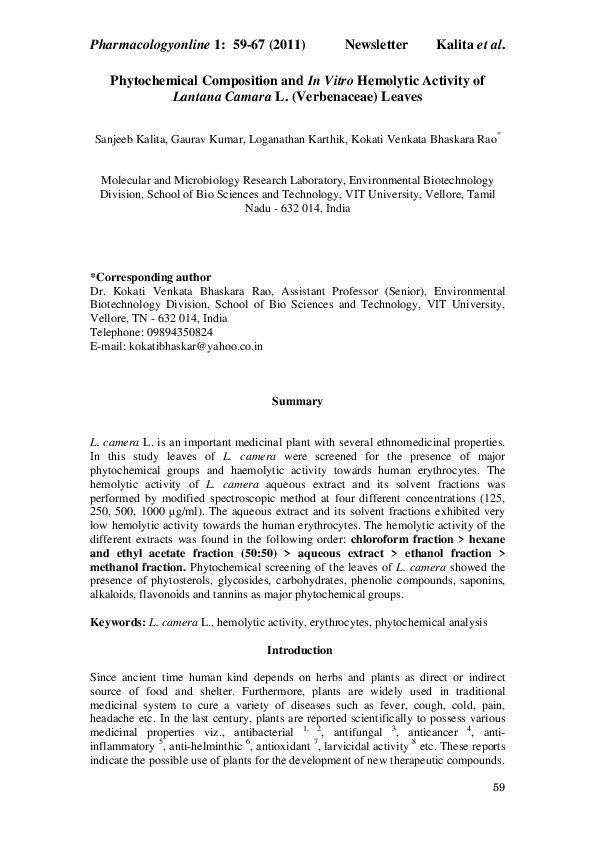 (PDF) Phytochemical Composition and In Vitro Hemolytic Activity of Lantana Camara L ...