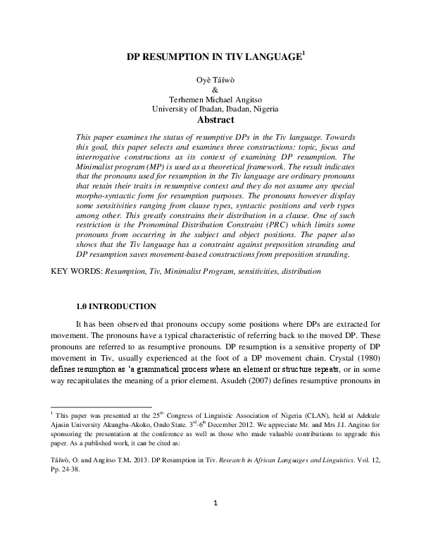 (PDF) DP RESUMPTION IN TIV LANGUAGE