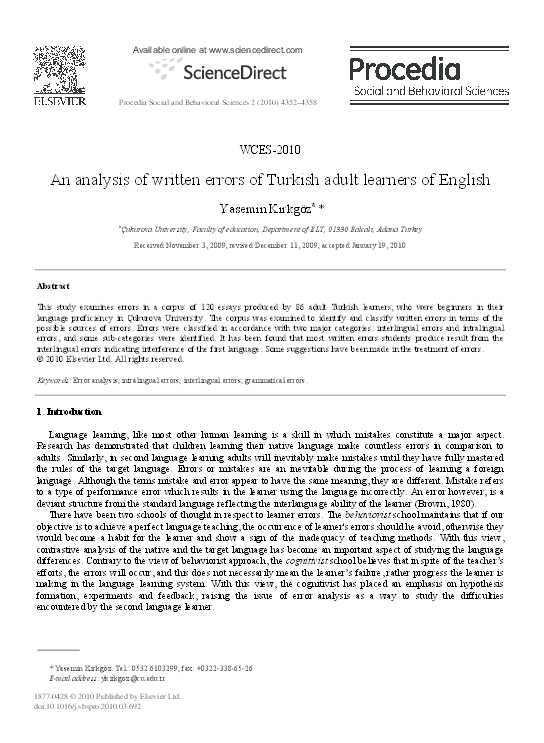 (PDF) An analysis of written errors of Turkish adult learners of English