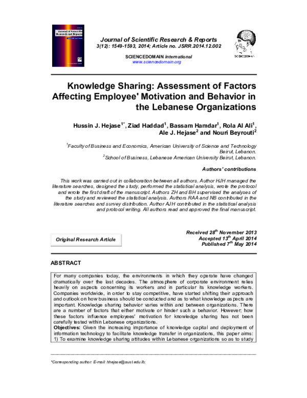 (PDF) Knowledge Sharing: Assessment of Factors Affecting Employee ...