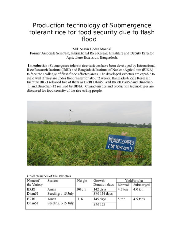 (DOC) Production technology of Submergence tolerant rice for food ...