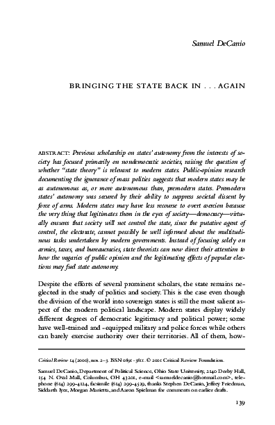 (PDF) Bringing the state back in … again