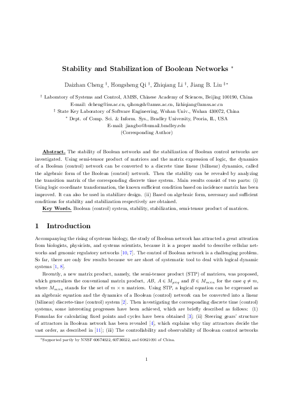 (PDF) Stability and stabilization of Boolean networks