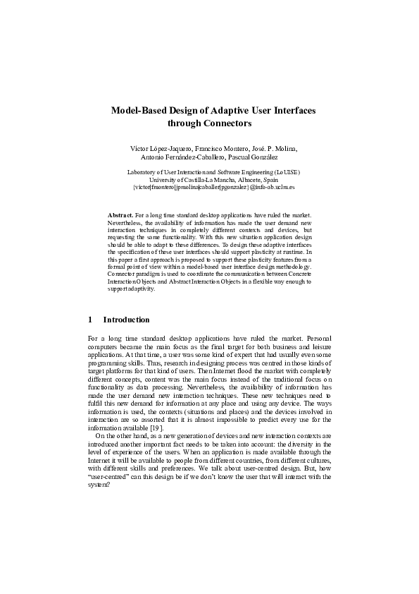 Pdf Model Based Design Of Adaptive User Interfaces Through Connectors