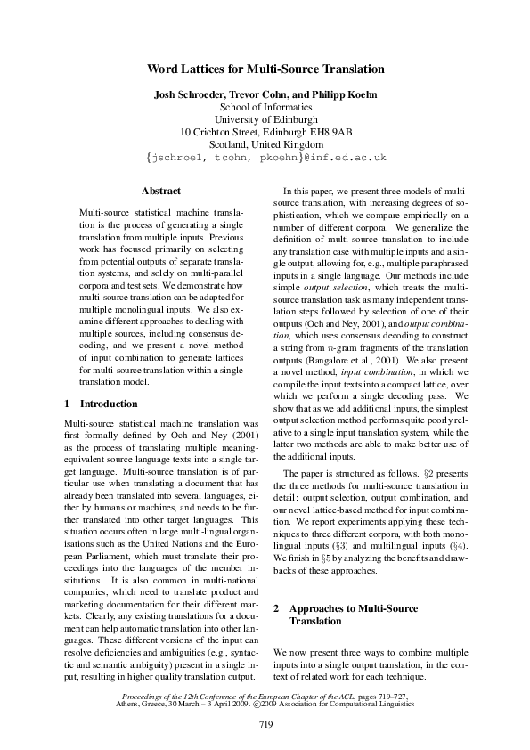 (PDF) Word Lattices for Multi-Source Translation