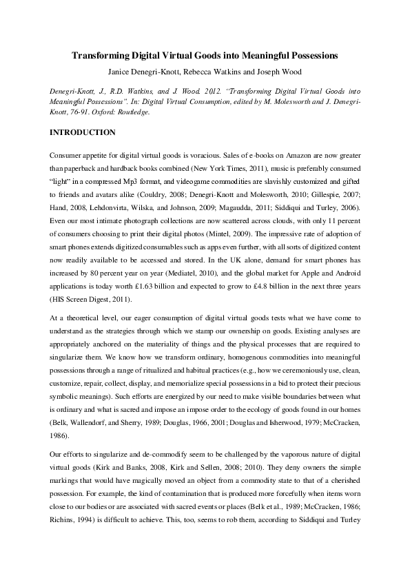 (PDF) Transforming Digital Virtual Goods into Meaningful Possessions