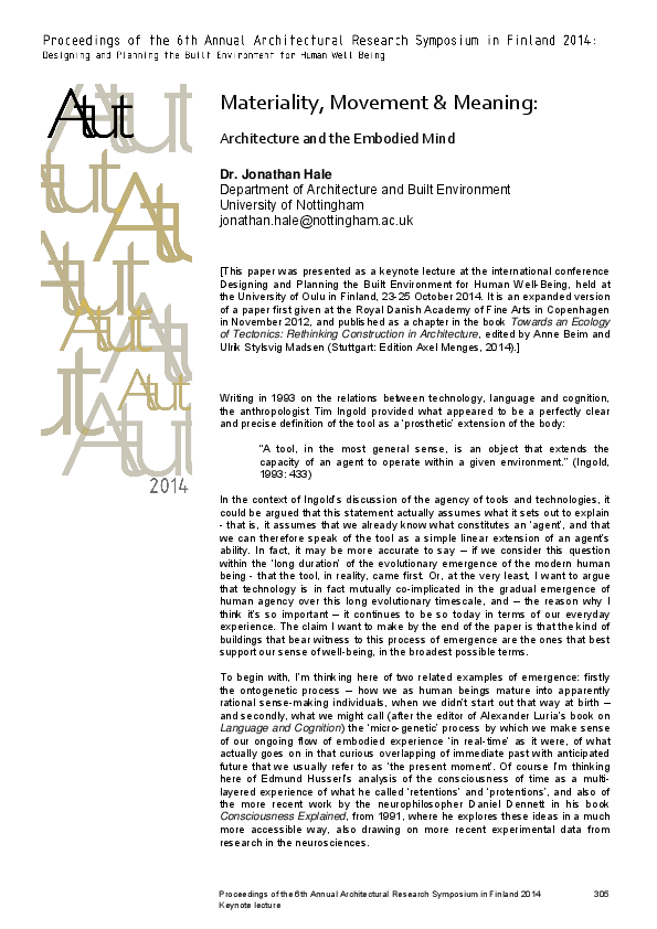 (PDF) Materiality, Movement & Meaning: Architecture and the Embodied Mind
