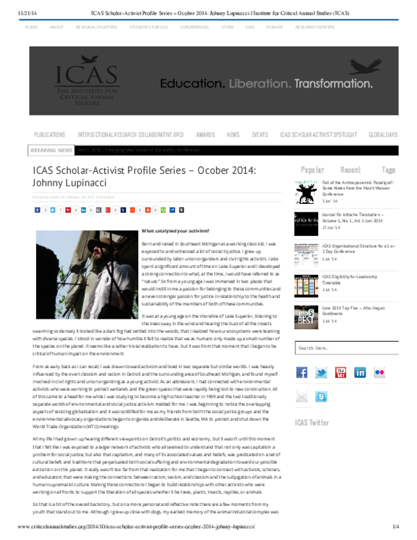 (PDF) ICAS Scholar-Activist Profile Series – Ocober 2014: Johnny Lupinacci