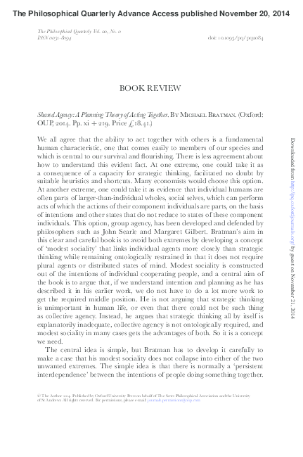 (PDF) review of Michael Bratman *Acting Together*