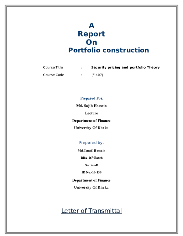 (DOC) A Report On Portfolio construction Course Title : Security ...