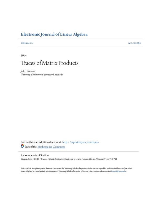 (PDF) Reshetov LA TRACES OF MATRIX PRODUCTS∗