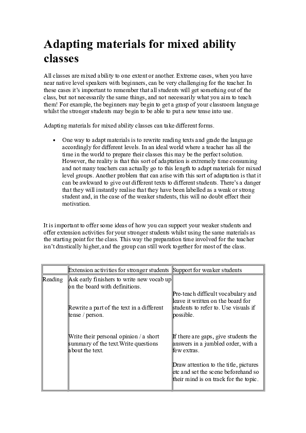 (DOC) Adapting materials for mixed ability classes