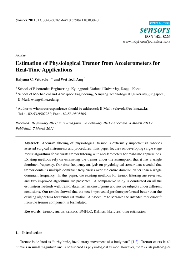 (PDF) Estimation of Physiological Tremor from Accelerometers for Real-Time Applications