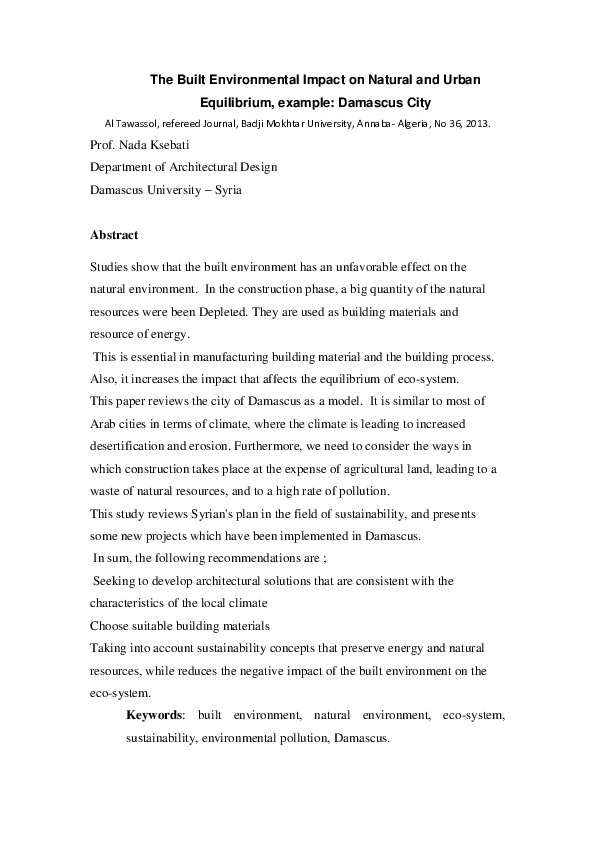 (PDF) The Built Environmental Impact on Natural and Urban Equilibrium ...