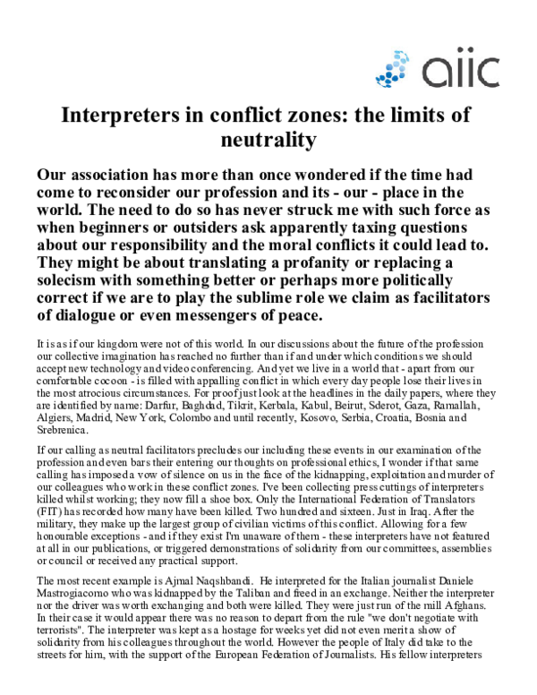 (PDF) Interpreters in conflict zones: the limits of neutrality