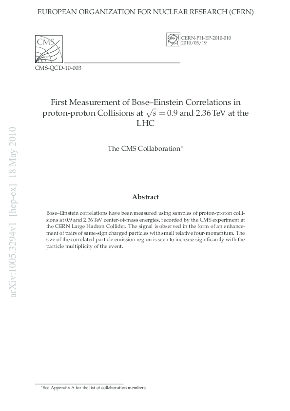 Pdf First Measurement Of Bose Einstein Correlations In Proton Proton Collisions At S 0 9 And 2