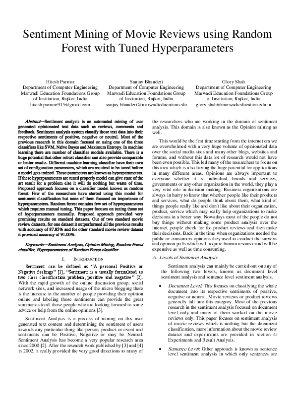 (PDF) Sentiment Mining of Movie Reviews using Random Forest with Tuned Hyperparameters