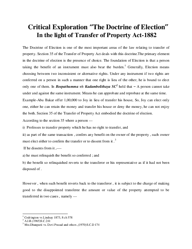 (DOC) Critical Exploration “ The Doctrine of Election ” In the light of Transfer of Property Act ...