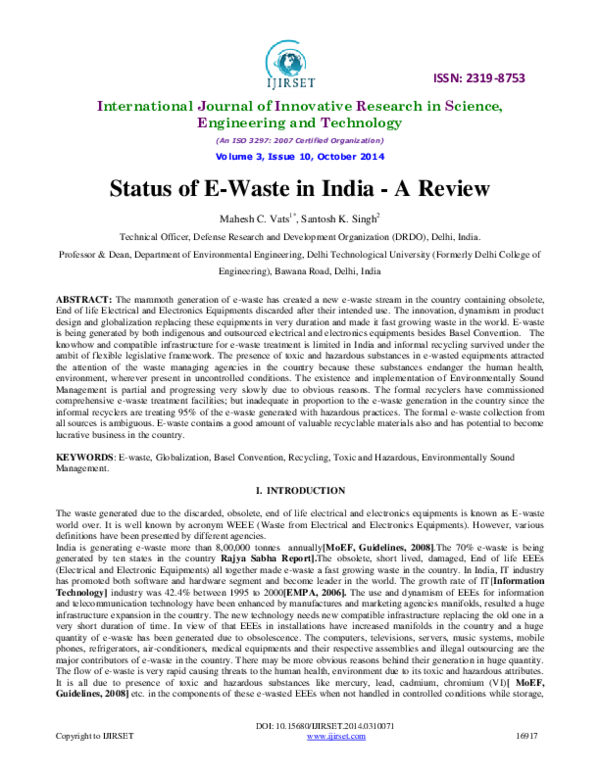 (PDF) Status of E-Waste in India - A Review