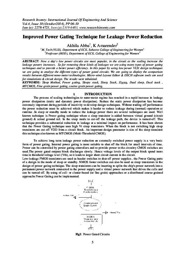 Pdf Improved Power Gating Technique For Leakage Power Reduction