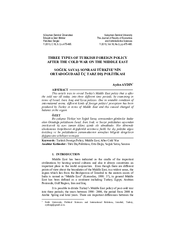 (PDF) THREE TYPES OF TURKISH FOREIGN POLICY AFTER THE COLD WAR ON THE MIDDLE EAST