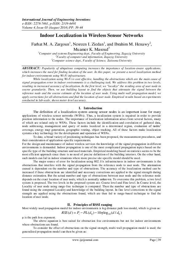 (PDF) Indoor Localization in Wireless Sensor Networks