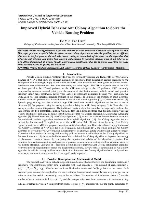 Pdf Improved Hybrid Behavior Ant Colony Algorithm To Solve The Vehicle Routing Problem