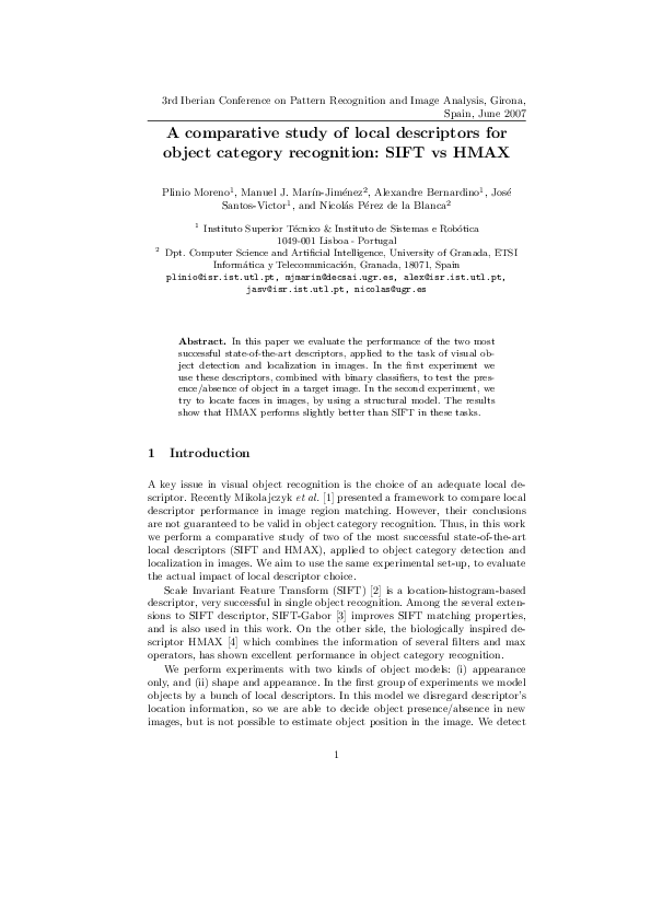 (PDF) A Comparative Study of Local Descriptors for Object Category Recognition: SIFT vs HMAX