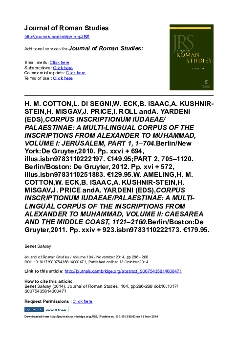 (PDF) (review of) Corpus Inscriptionum Iudaeae/Palaestinae, vols I.1, I ...