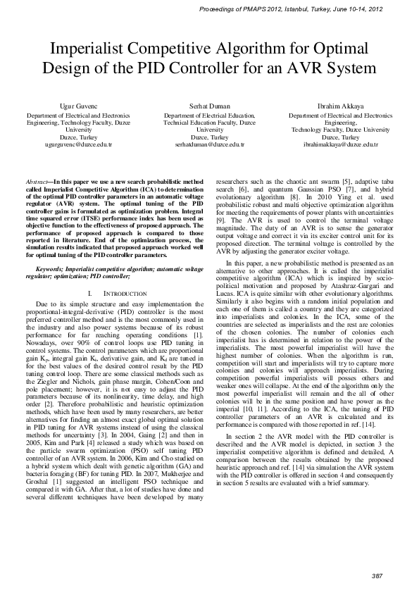 (PDF) Imperialist Competitive Algorithm for Optimal Design of the PID Controller for an AVR System