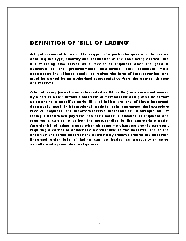 (DOC) DEFINITION OF 'BILL OF LADING'