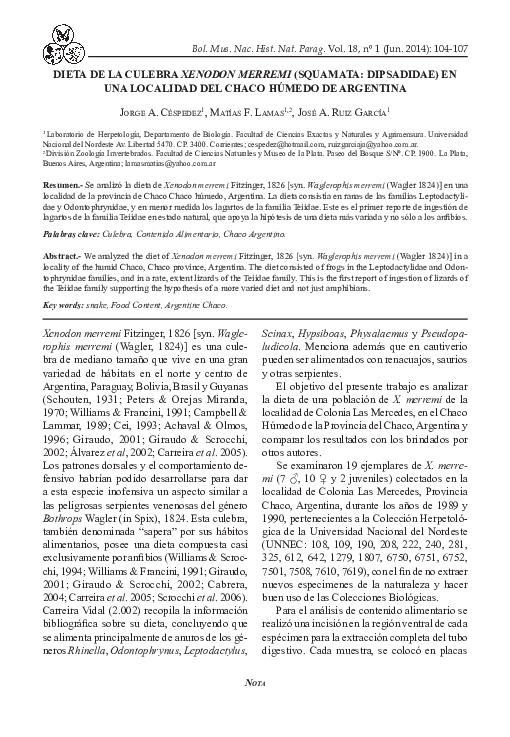 (PDF) Dieta de la culebra Xenodom merremi (Squamata: Dipsadidae) en una ...