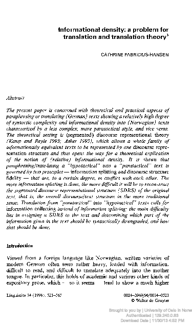 (PDF) Informational density: a problem for translation and translation theory