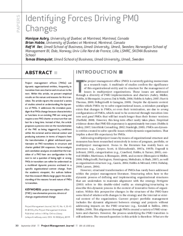 (PDF) PAPERS Identifying Forces Driving PMO Changes