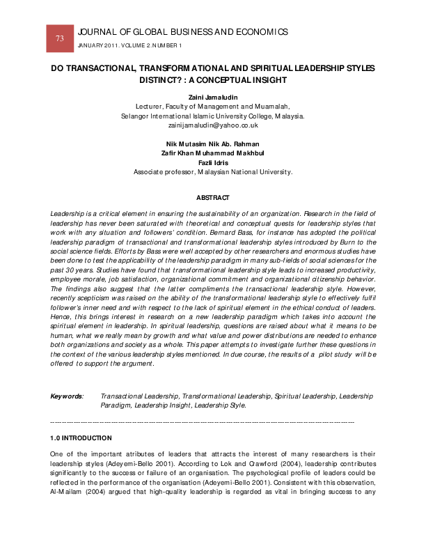 (PDF) DO TRANSACTIONAL, TRANSFORMATIONAL AND SPIRITUAL LEADERSHIP STYLES DISTINCT? : A ...