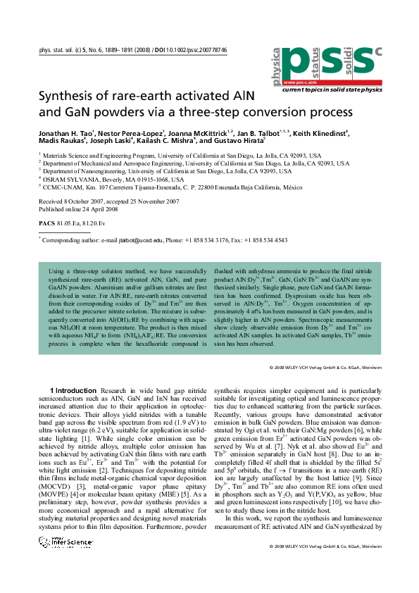 (PDF) Synthesis of rare-earth activated AlN and GaN powders via a three ...