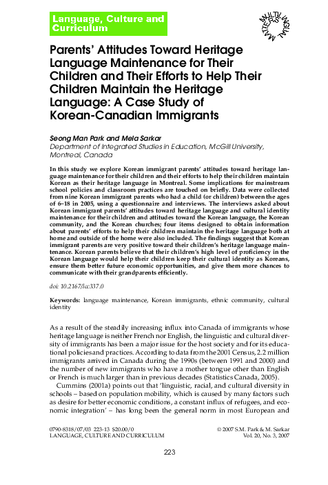 (PDF) Parents’ Attitudes Toward Heritage Language Maintenance for Their Children and Their ...