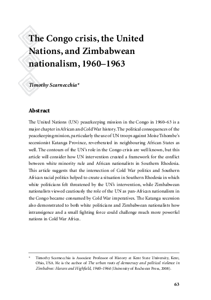 (PDF) "The Congo crisis, the United Nations, and Zimbabwean nationalism ...