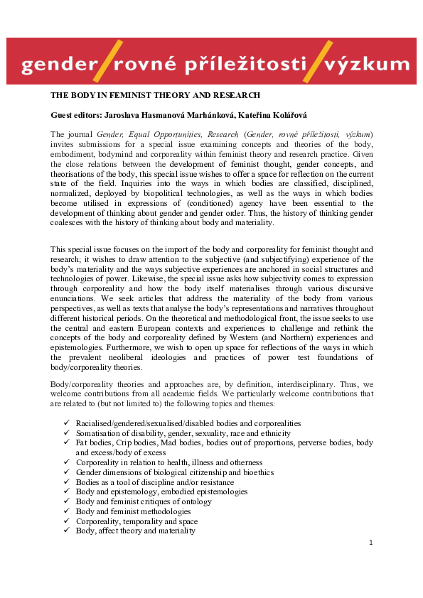 (PDF) CFP: THE BODY IN FEMINIST THEORY AND RESEARCH for Gender, Equal ...