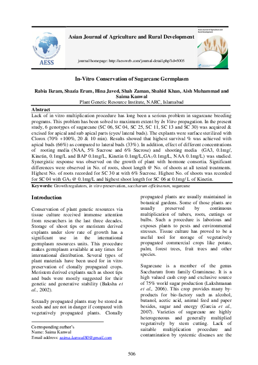 (PDF) In-Vitro Conservation of Sugarcane Germplasm